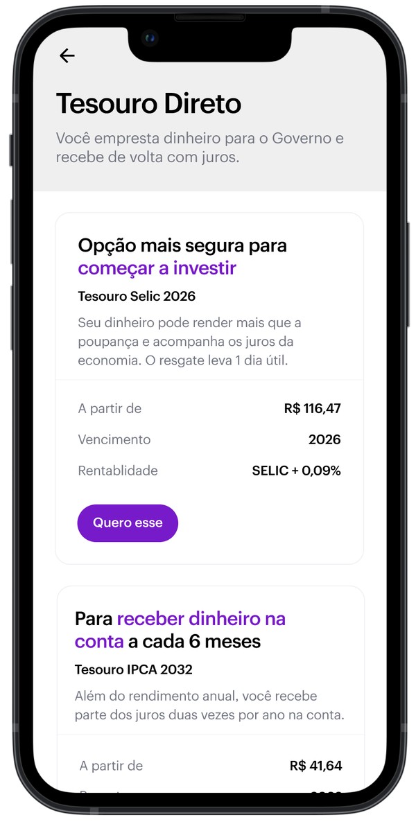 Nubank lança opção de investimento no Tesouro Direto em seu aplicativo