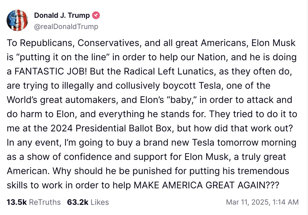 Trump diz que vai comprar um Tesla para apoiar Elon Musk