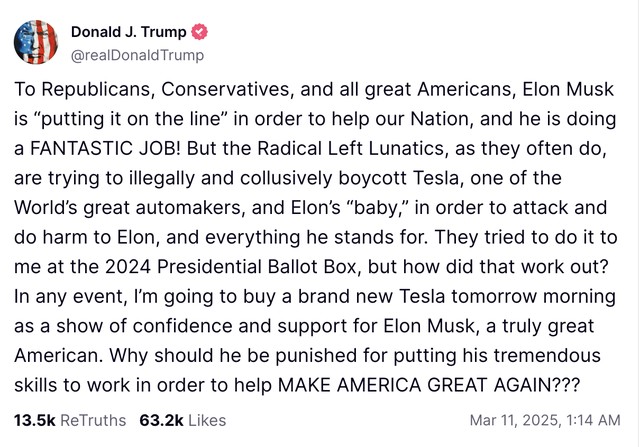 Trump diz que vai comprar um Tesla para apoiar Elon Musk