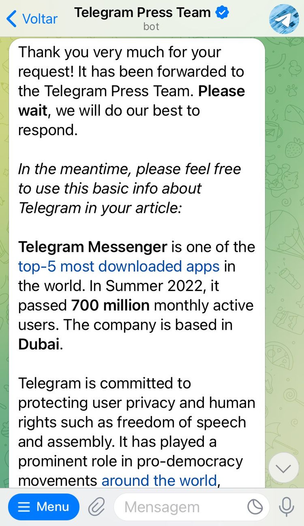 'Vamos fazer nosso melhor para responder': Telegram usa chatbot no ...